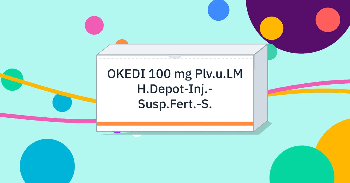 Symbolbild: Packung mit der Aufschrift OKEDI 100 mg Plv.u.LM H.Depot-Inj.-Susp.Fert.-S. (PZN 19892018) – Verfügbarkeit und Bezug in Apotheken in Frankfurt am Main