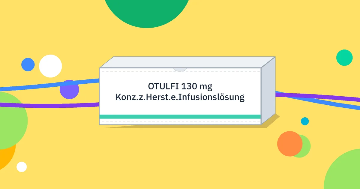 Symbolbild: Packung mit der Aufschrift OTULFI 130 mg Konz.z.Herst.e.Infusionslösung (PZN 19844887) – Verfügbarkeit und Bezug in Apotheken in Frankfurt am Main