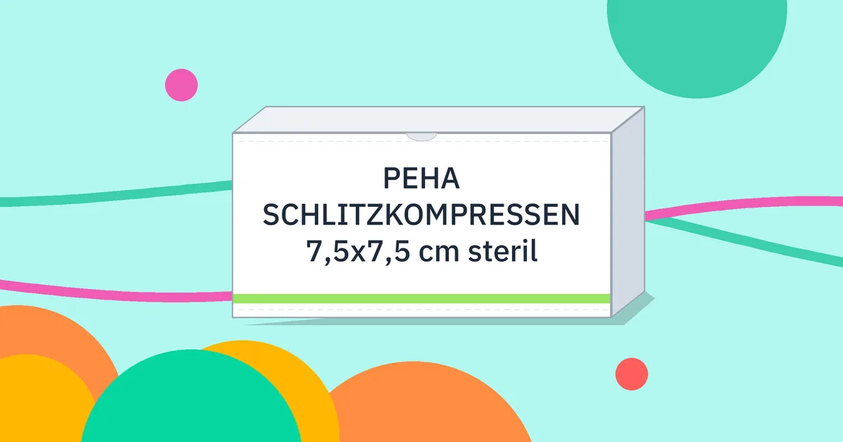 Symbolbild: Packung mit der Aufschrift PEHA SCHLITZKOMPRESSEN 7,5x7,5 cm steril (PZN 19452615) – Verfügbarkeit und Bezug in Apotheken in Frankfurt am Main