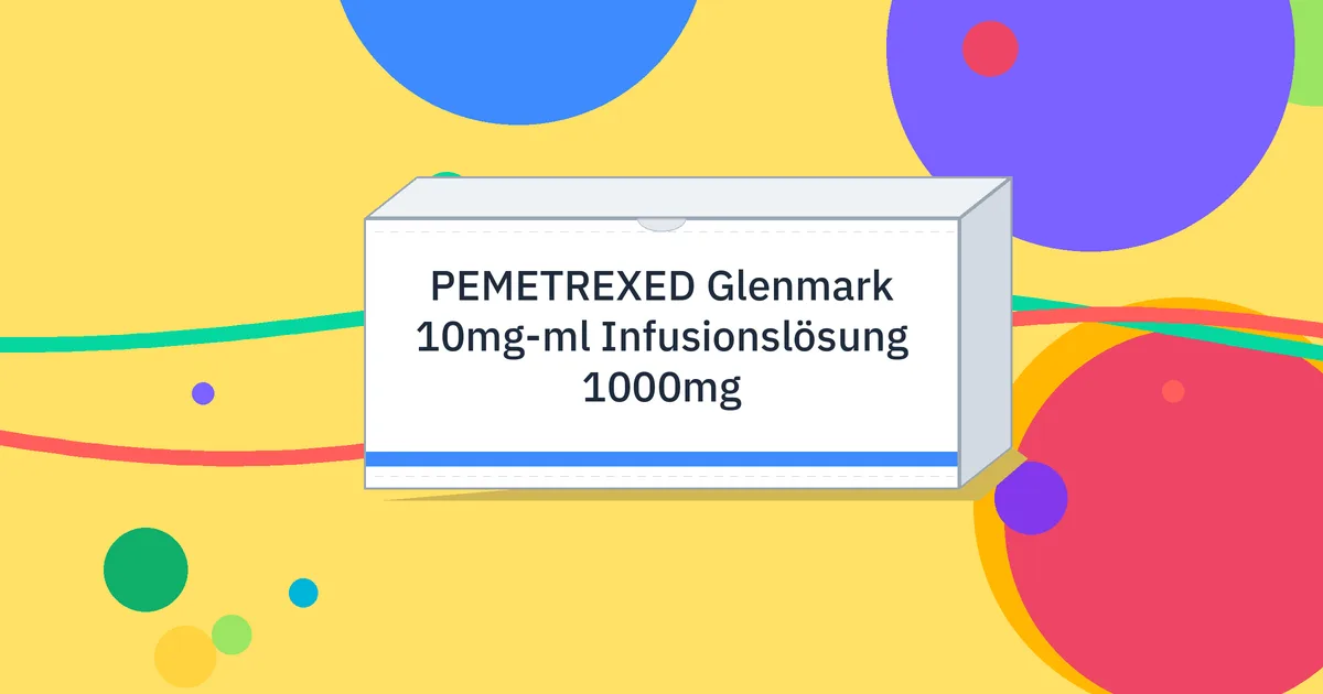 Symbolbild: Packung mit der Aufschrift PEMETREXED Glenmark 10mg-ml Infusionslösung 1000mg (PZN 17543532) – Verfügbarkeit und Bezug in Apotheken in Frankfurt am Main