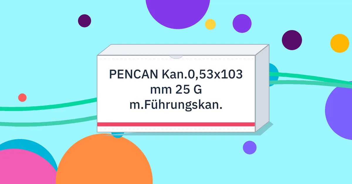 Symbolbild: Packung mit der Aufschrift PENCAN Kan.0,53x103 mm 25 G m.Führungskan. (PZN 00185761) – Verfügbarkeit und Bezug in Apotheken in Frankfurt am Main