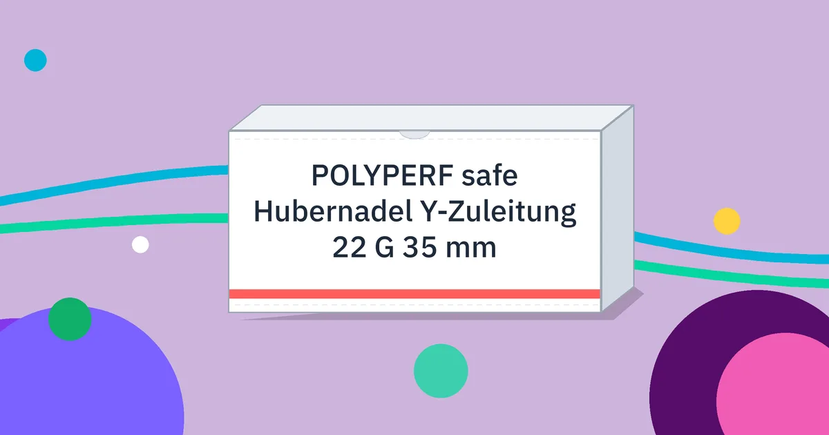 Symbolbild: Packung mit der Aufschrift POLYPERF safe Hubernadel Y-Zuleitung 22 G 35 mm (PZN 18114170) – Verfügbarkeit und Bezug in Apotheken in Frankfurt am Main