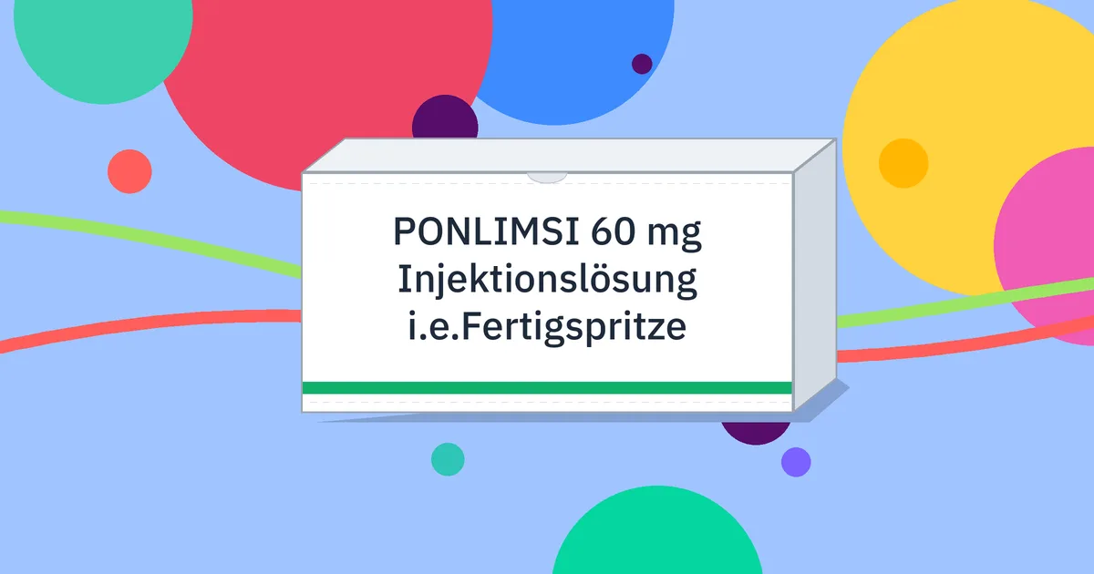 Symbolbild: Packung mit der Aufschrift PONLIMSI 60 mg Injektionslösung i.e.Fertigspritze (PZN 20403728) – Verfügbarkeit und Bezug in Apotheken in Frankfurt am Main