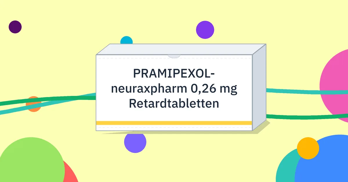 Symbolbild: Packung mit der Aufschrift PRAMIPEXOL-neuraxpharm 0,26 mg Retardtabletten (PZN 12419810) – Verfügbarkeit und Bezug in Apotheken in Frankfurt am Main