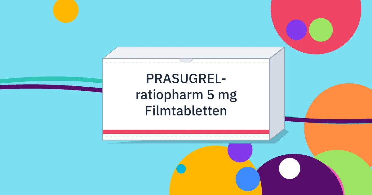 Symbolbild: Packung mit der Aufschrift PRASUGREL-ratiopharm 5 mg Filmtabletten (PZN 14058084) – Verfügbarkeit und Bezug in Apotheken in Frankfurt am Main