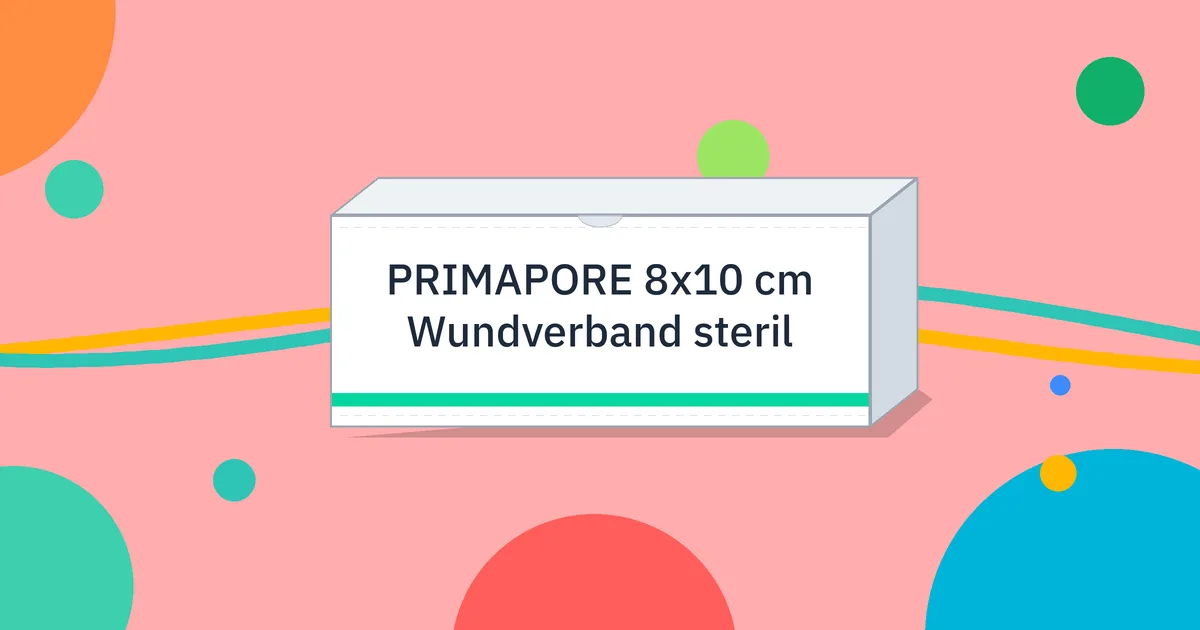 Symbolbild: Packung mit der Aufschrift PRIMAPORE 8x10 cm Wundverband steril (PZN 19843675) – Verfügbarkeit und Bezug in Apotheken in Frankfurt am Main