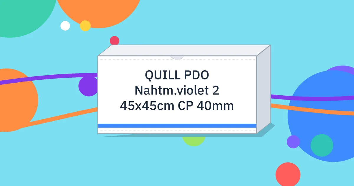 Symbolbild: Packung mit der Aufschrift QUILL PDO Nahtm.violet 2 45x45cm CP 40mm (PZN 17989943) – Verfügbarkeit und Bezug in Apotheken in Frankfurt am Main