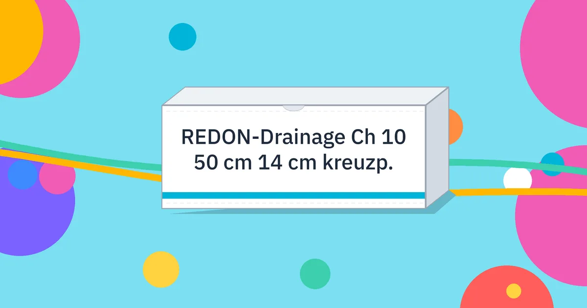 Symbolbild: Packung mit der Aufschrift REDON-Drainage Ch 10 50 cm 14 cm kreuzp. (PZN 17483787) – Verfügbarkeit und Bezug in Apotheken in Frankfurt am Main