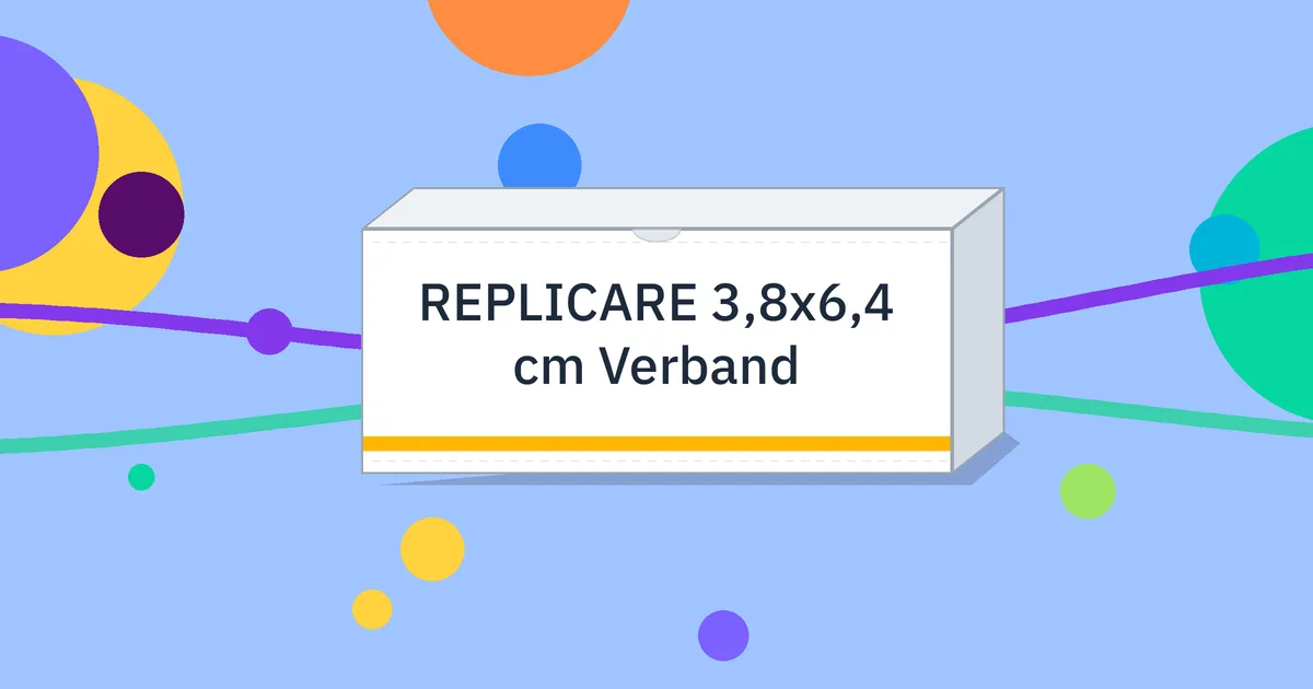 Symbolbild: Packung mit der Aufschrift REPLICARE 3,8x6,4 cm Verband (PZN 15302480) – Verfügbarkeit und Bezug in Apotheken in Frankfurt am Main