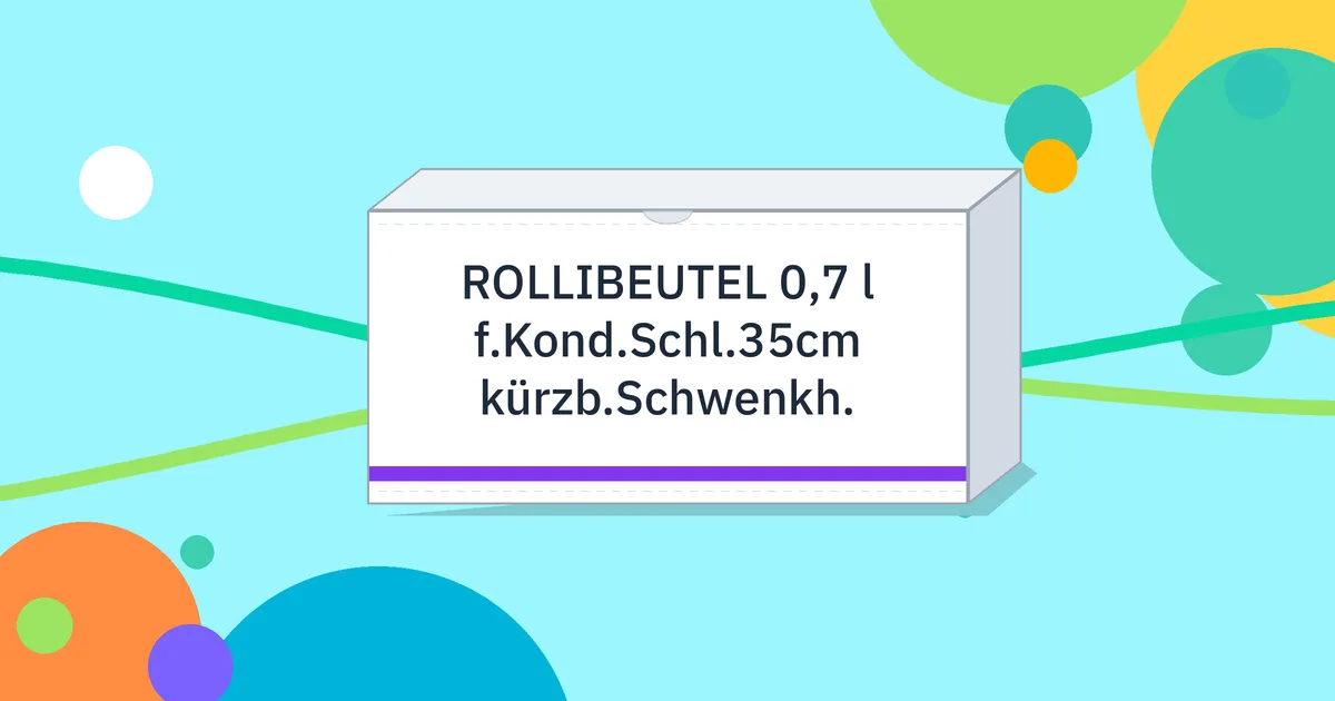 Symbolbild: Packung mit der Aufschrift ROLLIBEUTEL 0,7 l f.Kond.Schl.35cm kürzb.Schwenkh. (PZN 06095208) – Verfügbarkeit und Bezug in Apotheken in Frankfurt am Main