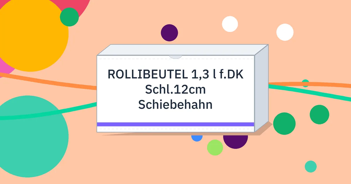 Symbolbild: Packung mit der Aufschrift ROLLIBEUTEL 1,3 l f.DK Schl.12cm Schiebehahn (PZN 01385203) – Verfügbarkeit und Bezug in Apotheken in Frankfurt am Main