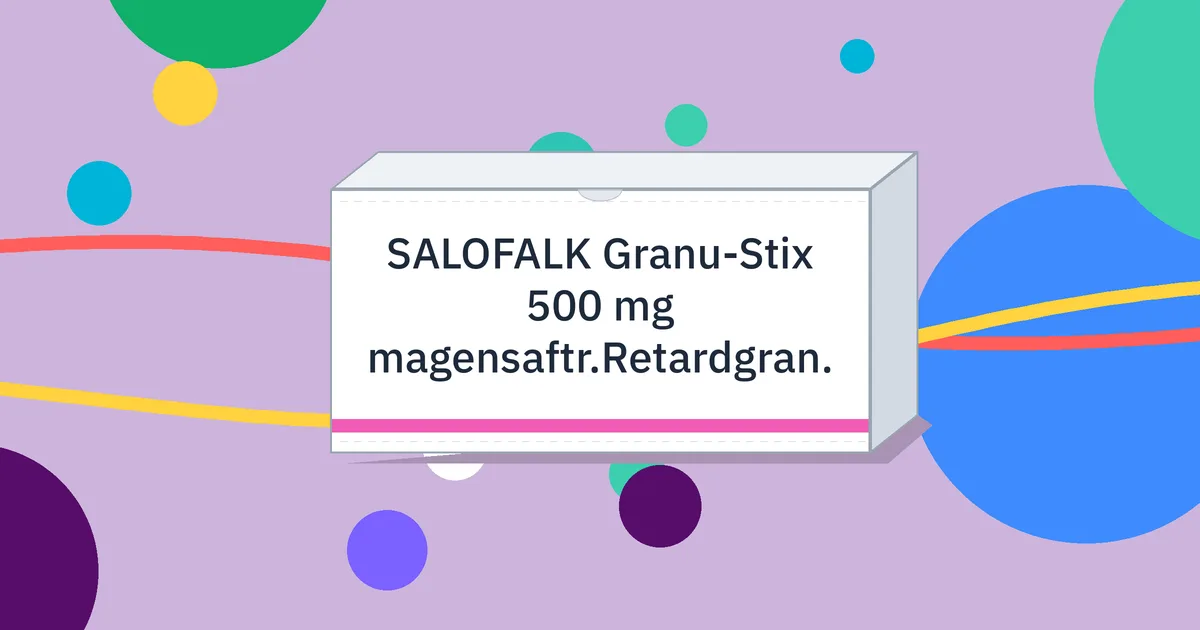 Symbolbild: Packung mit der Aufschrift SALOFALK Granu-Stix 500 mg magensaftr.Retardgran. (PZN 02145493) – Verfügbarkeit und Bezug in Apotheken in Frankfurt am Main