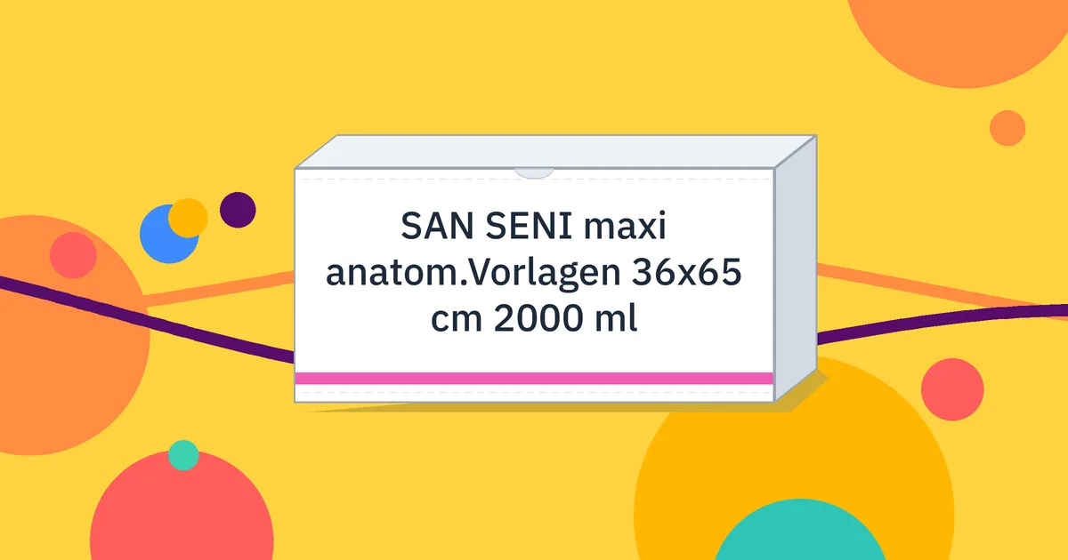 Symbolbild: Packung mit der Aufschrift SAN SENI maxi anatom.Vorlagen 36x65 cm 2000 ml (PZN 12393192) – Verfügbarkeit und Bezug in Apotheken in Frankfurt am Main