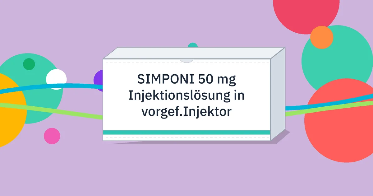 Symbolbild: Packung mit der Aufschrift SIMPONI 50 mg Injektionslösung in vorgef.Injektor (PZN 19640179) – Verfügbarkeit und Bezug in Apotheken in Frankfurt am Main