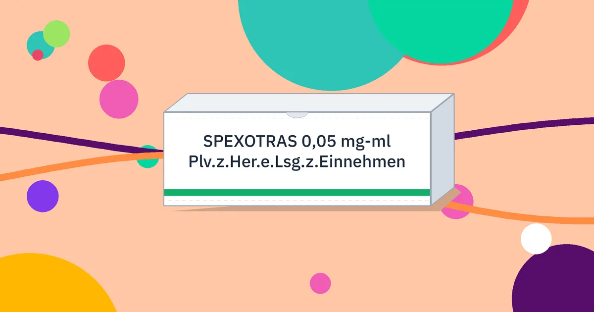 Symbolbild: Packung mit der Aufschrift SPEXOTRAS 0,05 mg-ml Plv.z.Her.e.Lsg.z.Einnehmen (PZN 18598676) – Verfügbarkeit und Bezug in Apotheken in Frankfurt am Main