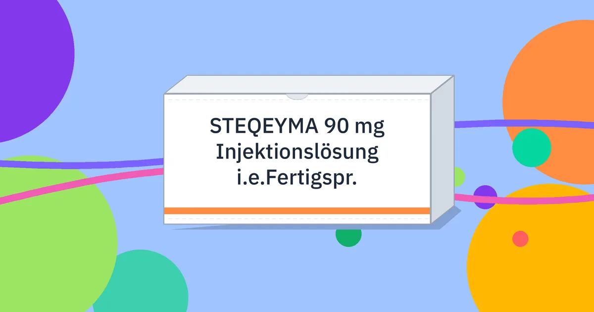Symbolbild: Packung mit der Aufschrift STEQEYMA 90 mg Injektionslösung i.e.Fertigspr. (PZN 19659925) – Verfügbarkeit und Bezug in Apotheken in Frankfurt am Main