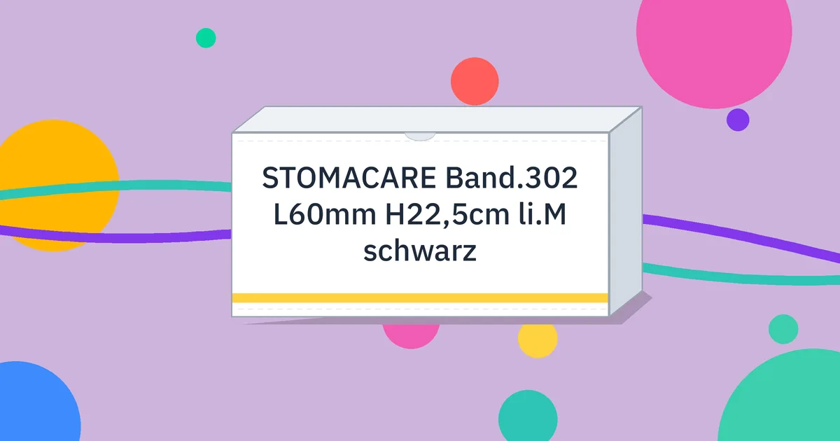 Symbolbild: Packung mit der Aufschrift STOMACARE Band.302 L60mm H22,5cm li.M schwarz (PZN 10840907) – Verfügbarkeit und Bezug in Apotheken in Frankfurt am Main