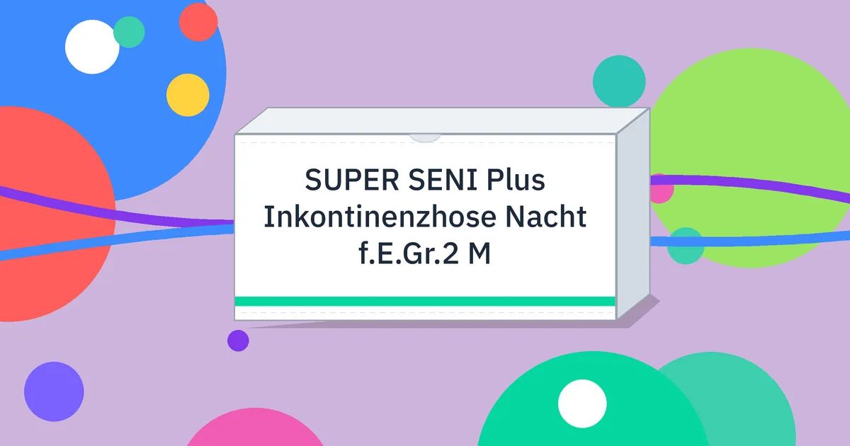 Symbolbild: Packung mit der Aufschrift SUPER SENI Plus Inkontinenzhose Nacht f.E.Gr.2 M (PZN 12664484) – Verfügbarkeit und Bezug in Apotheken in Frankfurt am Main
