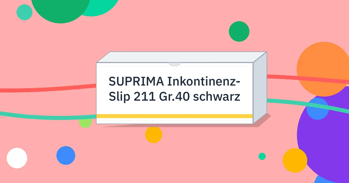 Symbolbild: Packung mit der Aufschrift SUPRIMA Inkontinenz-Slip 211 Gr.40 schwarz (PZN 00709081) – Verfügbarkeit und Bezug in Apotheken in Frankfurt am Main