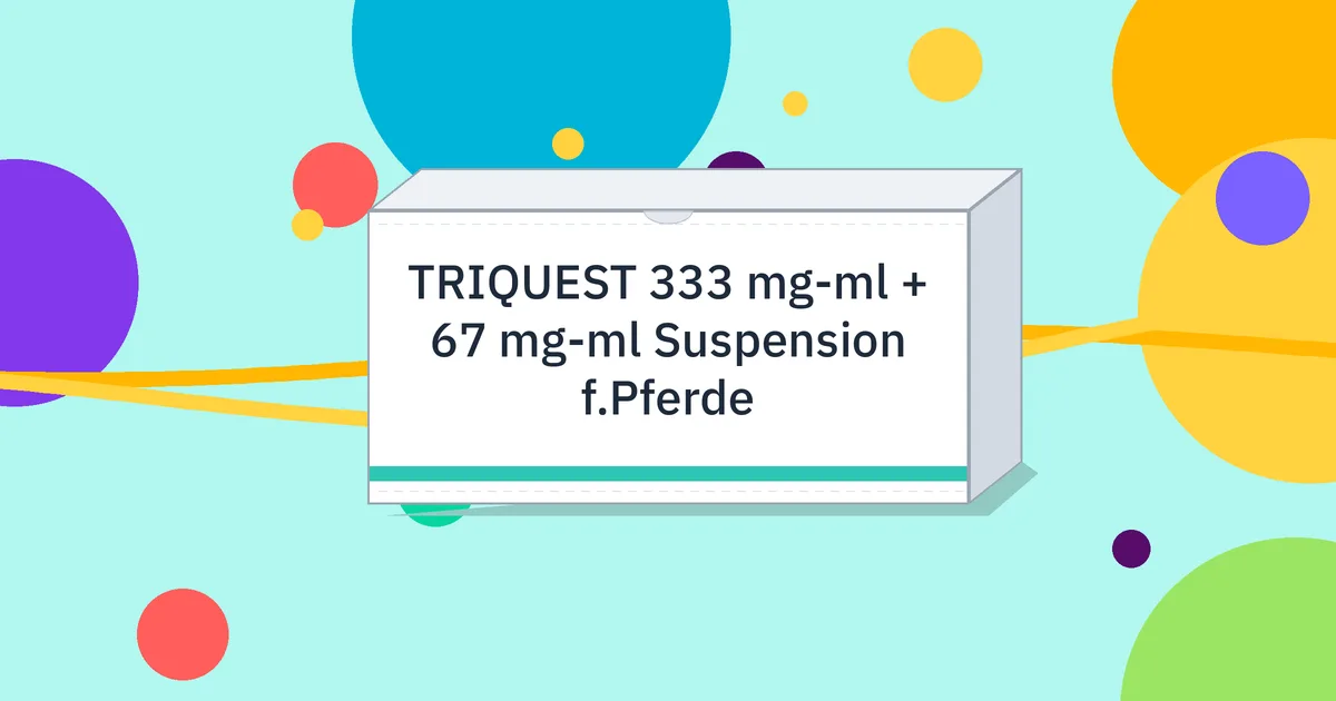 Symbolbild: Packung mit der Aufschrift TRIQUEST 333 mg-ml + 67 mg-ml Suspension f.Pferde (PZN 20858297) – Verfügbarkeit und Bezug in Apotheken in Frankfurt am Main