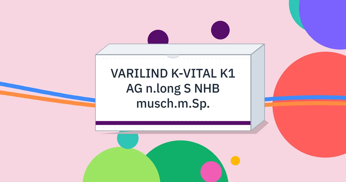 Symbolbild: Packung mit der Aufschrift VARILIND K-VITAL K1 AG n.long S NHB musch.m.Sp. (PZN 20563840) – Verfügbarkeit und Bezug in Apotheken in Frankfurt am Main