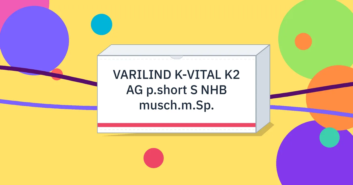 Symbolbild: Packung mit der Aufschrift VARILIND K-VITAL K2 AG p.short S NHB musch.m.Sp. (PZN 20565477) – Verfügbarkeit und Bezug in Apotheken in Frankfurt am Main
