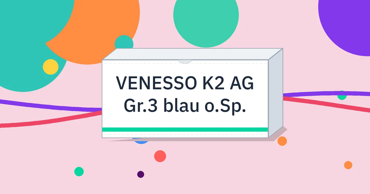 Symbolbild: Packung mit der Aufschrift VENESSO K2 AG Gr.3 blau o.Sp. (PZN 03280483) – Verfügbarkeit und Bezug in Apotheken in Frankfurt am Main