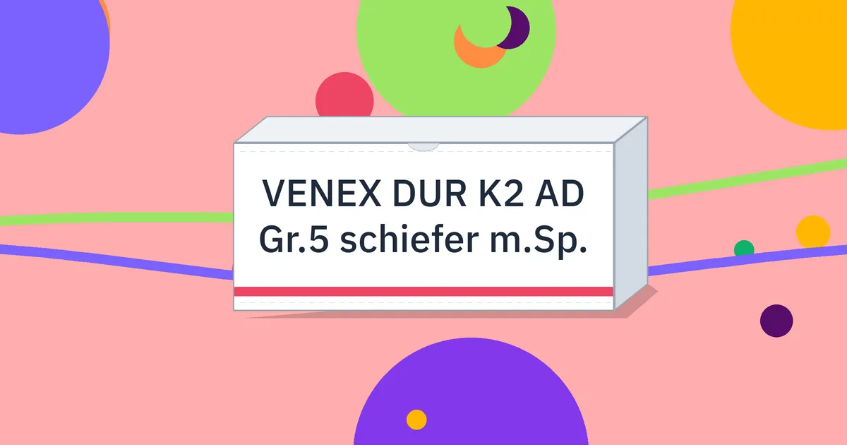 Symbolbild: Packung mit der Aufschrift VENEX DUR K2 AD Gr.5 schiefer m.Sp. (PZN 03209611) – Verfügbarkeit und Bezug in Apotheken in Frankfurt am Main