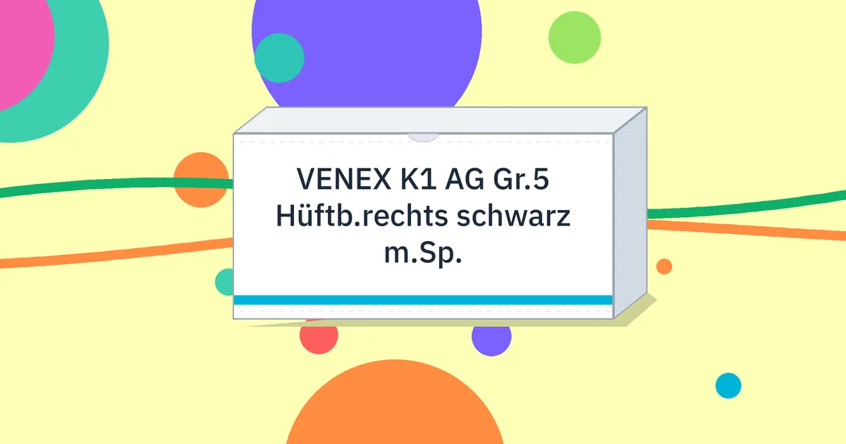 Symbolbild: Packung mit der Aufschrift VENEX K1 AG Gr.5 Hüftb.rechts schwarz m.Sp. (PZN 03204447) – Verfügbarkeit und Bezug in Apotheken in Frankfurt am Main
