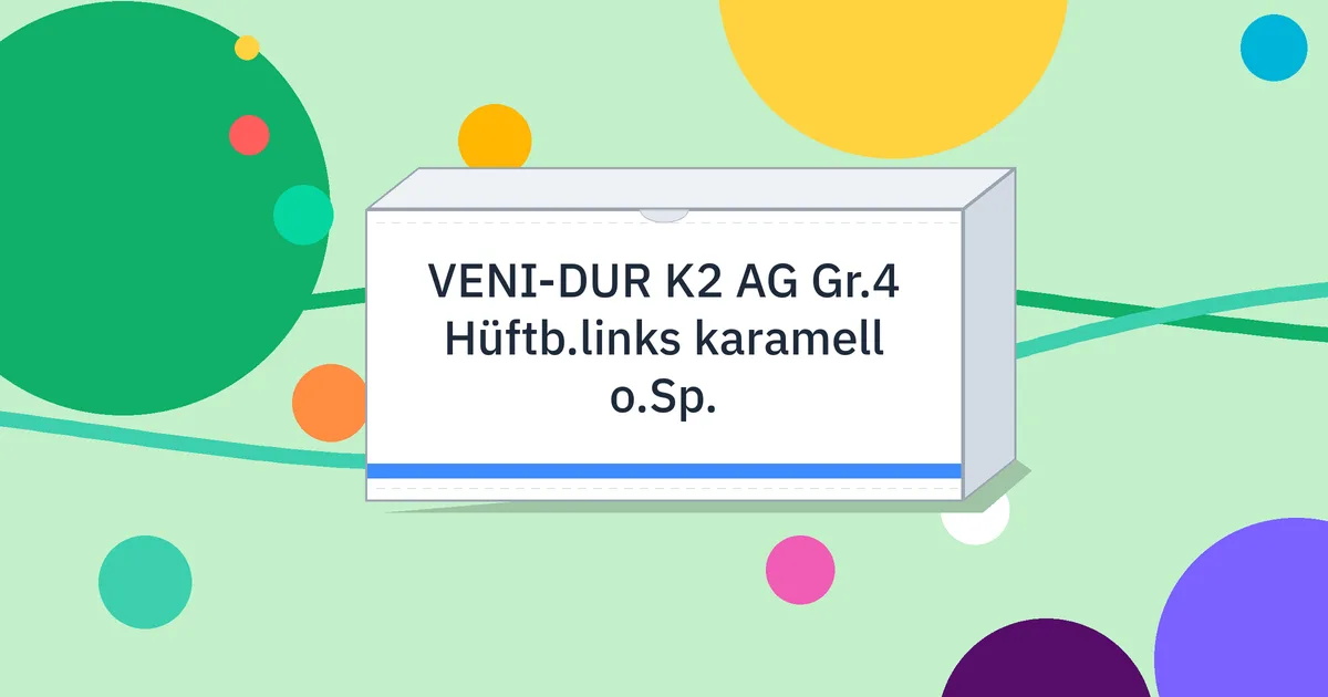 Symbolbild: Packung mit der Aufschrift VENI-DUR K2 AG Gr.4 Hüftb.links karamell o.Sp. (PZN 13760623) – Verfügbarkeit und Bezug in Apotheken in Frankfurt am Main