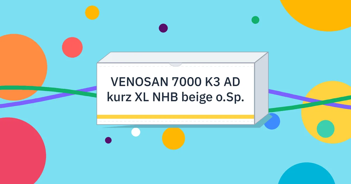 Symbolbild: Packung mit der Aufschrift VENOSAN 7000 K3 AD kurz XL NHB beige o.Sp. (PZN 14435262) – Verfügbarkeit und Bezug in Apotheken in Frankfurt am Main