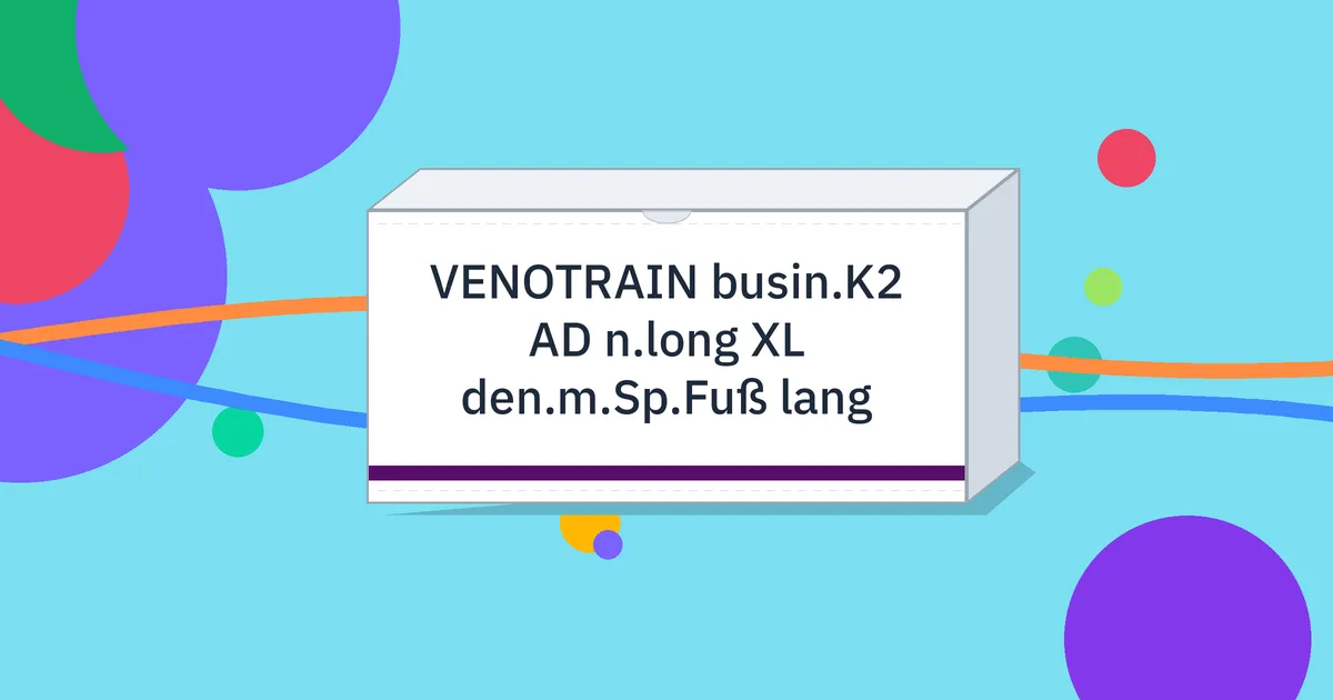 Symbolbild: Packung mit der Aufschrift VENOTRAIN busin.K2 AD n.long XL den.m.Sp.Fuß lang (PZN 19057014) – Verfügbarkeit und Bezug in Apotheken in Frankfurt am Main