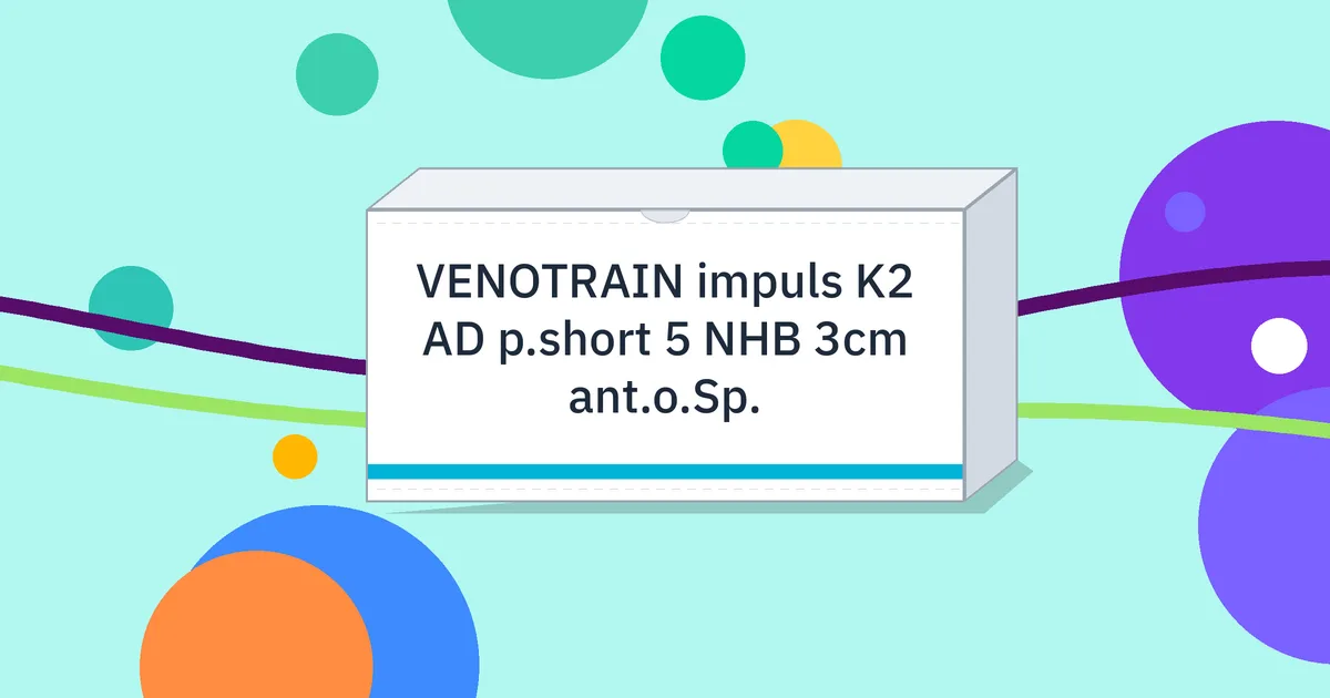 Symbolbild: Packung mit der Aufschrift VENOTRAIN impuls K2 AD p.short 5 NHB 3cm ant.o.Sp. (PZN 15224490) – Verfügbarkeit und Bezug in Apotheken in Frankfurt am Main