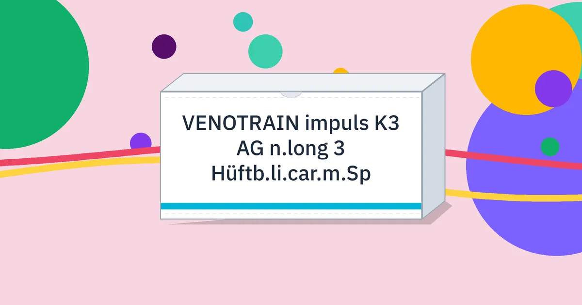 Symbolbild: Packung mit der Aufschrift VENOTRAIN impuls K3 AG n.long 3 Hüftb.li.car.m.Sp (PZN 10295338) – Verfügbarkeit und Bezug in Apotheken in Frankfurt am Main