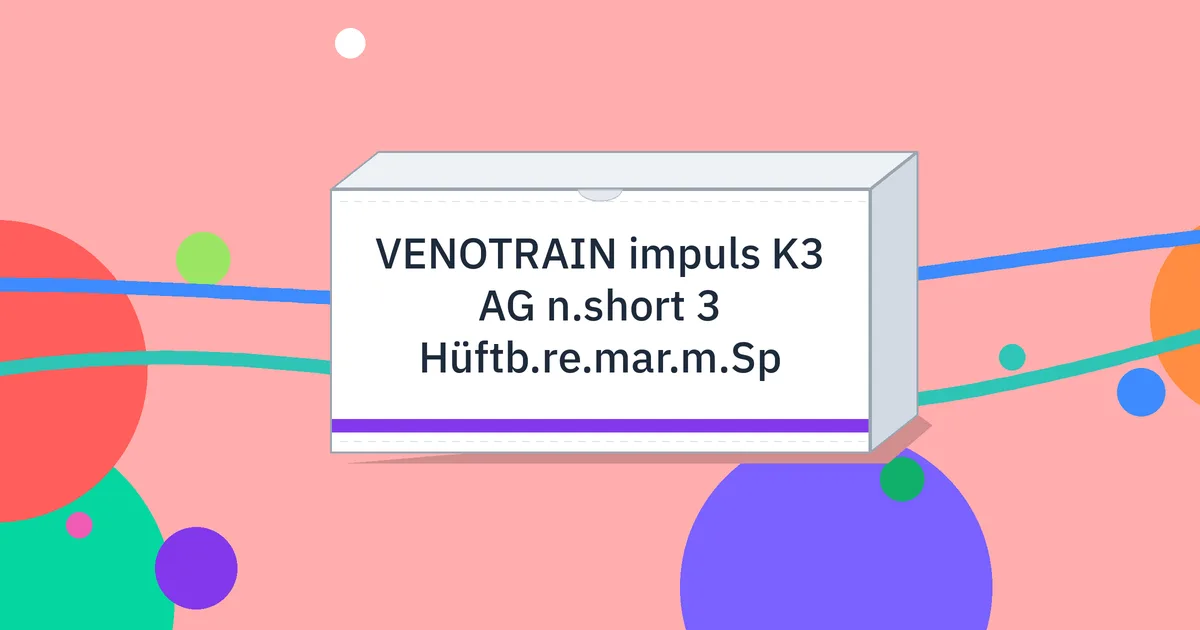 Symbolbild: Packung mit der Aufschrift VENOTRAIN impuls K3 AG n.short 3 Hüftb.re.mar.m.Sp (PZN 15217544) – Verfügbarkeit und Bezug in Apotheken in Frankfurt am Main