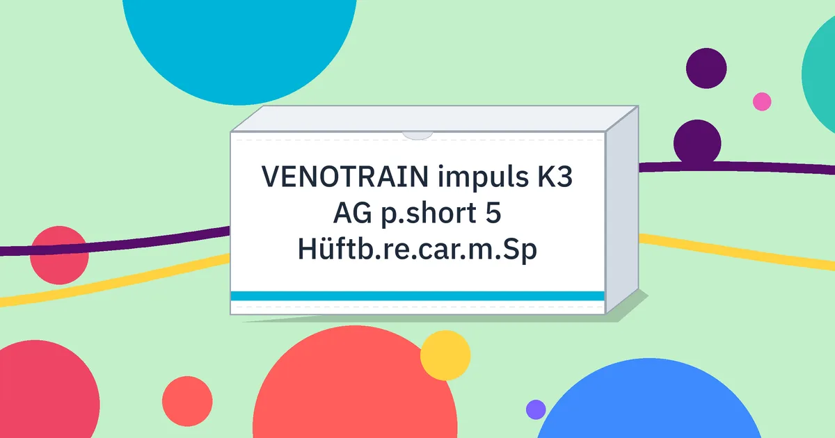 Symbolbild: Packung mit der Aufschrift VENOTRAIN impuls K3 AG p.short 5 Hüftb.re.car.m.Sp (PZN 10293670) – Verfügbarkeit und Bezug in Apotheken in Frankfurt am Main