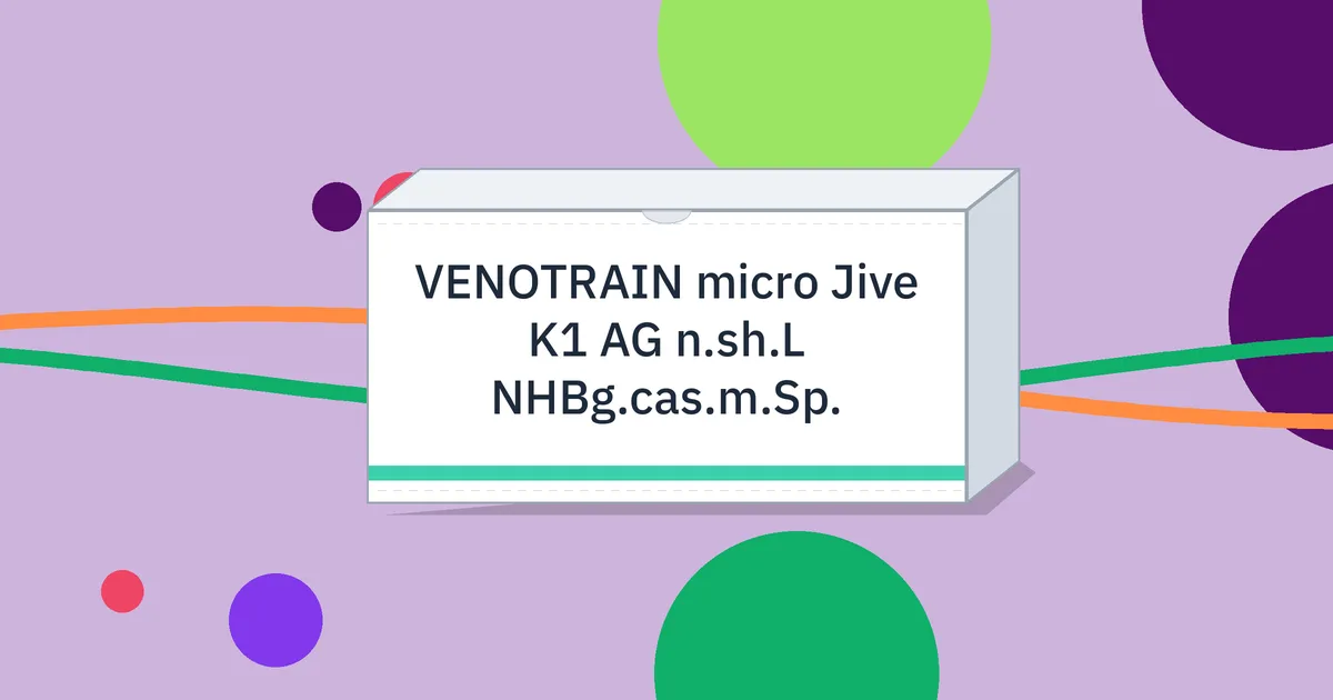 Symbolbild: Packung mit der Aufschrift VENOTRAIN micro Jive K1 AG n.sh.L NHBg.cas.m.Sp. (PZN 20766661) – Verfügbarkeit und Bezug in Apotheken in Frankfurt am Main