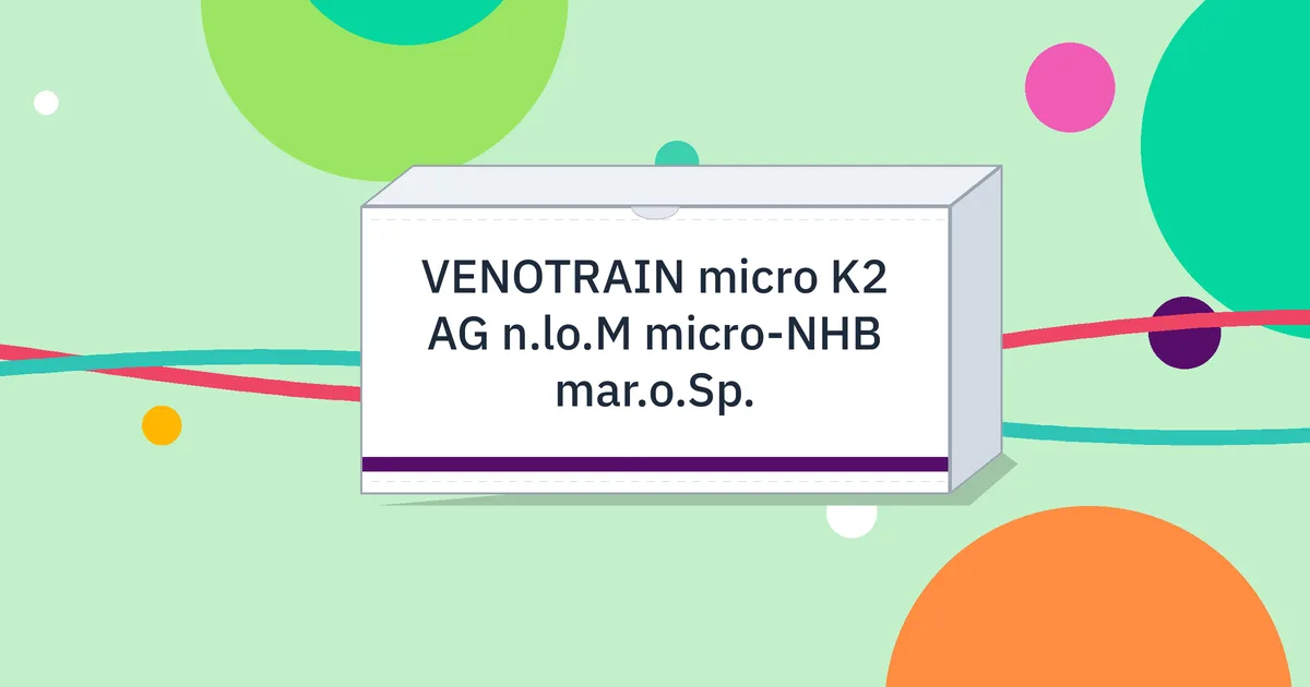 Symbolbild: Packung mit der Aufschrift VENOTRAIN micro K2 AG n.lo.M micro-NHB mar.o.Sp. (PZN 16066308) – Verfügbarkeit und Bezug in Apotheken in Frankfurt am Main