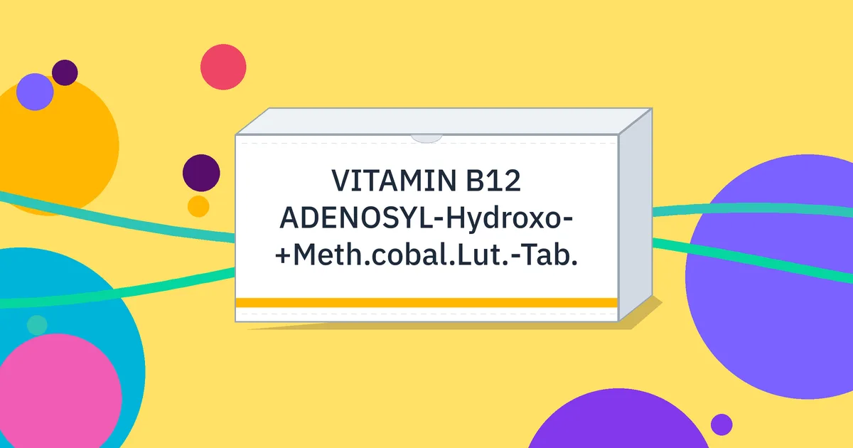 Symbolbild: Packung mit der Aufschrift VITAMIN B12 ADENOSYL-Hydroxo-+Meth.cobal.Lut.-Tab. (PZN 16700283) – Verfügbarkeit und Bezug in Apotheken in Frankfurt am Main