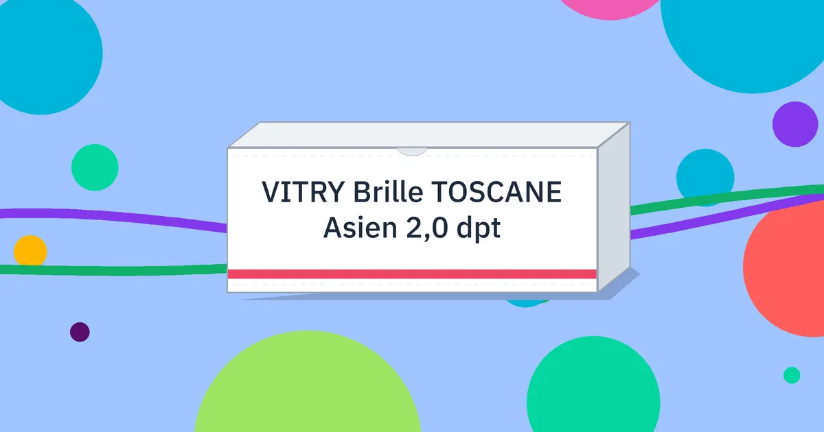 Symbolbild: Packung mit der Aufschrift VITRY Brille TOSCANE Asien 2,0 dpt (PZN 18804124) – Verfügbarkeit und Bezug in Apotheken in Frankfurt am Main