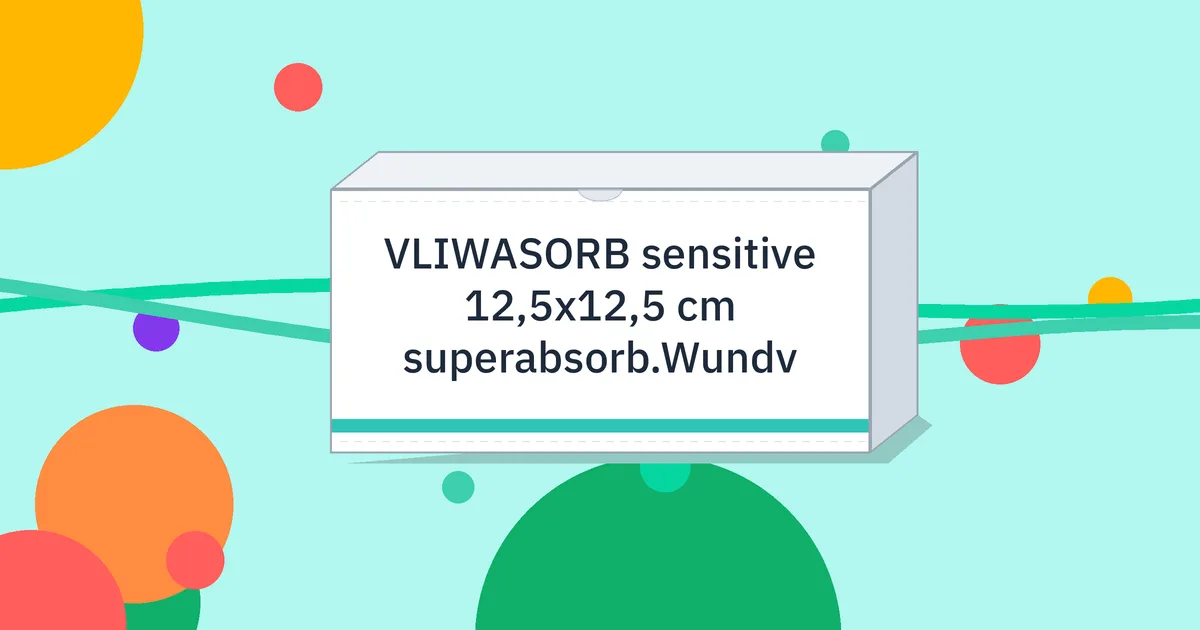 Symbolbild: Packung mit der Aufschrift VLIWASORB sensitive 12,5x12,5 cm superabsorb.Wundv (PZN 19881279) – Verfügbarkeit und Bezug in Apotheken in Frankfurt am Main