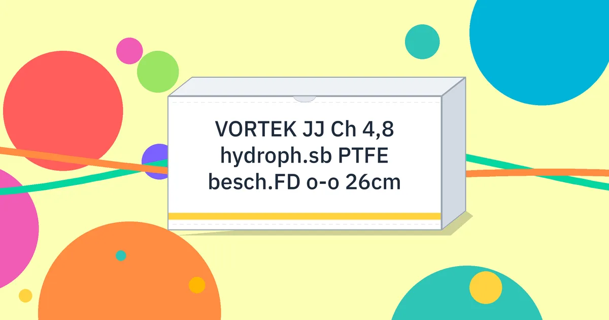 Symbolbild: Packung mit der Aufschrift VORTEK JJ Ch 4,8 hydroph.sb PTFE besch.FD o-o 26cm (PZN 17998824) – Verfügbarkeit und Bezug in Apotheken in Frankfurt am Main