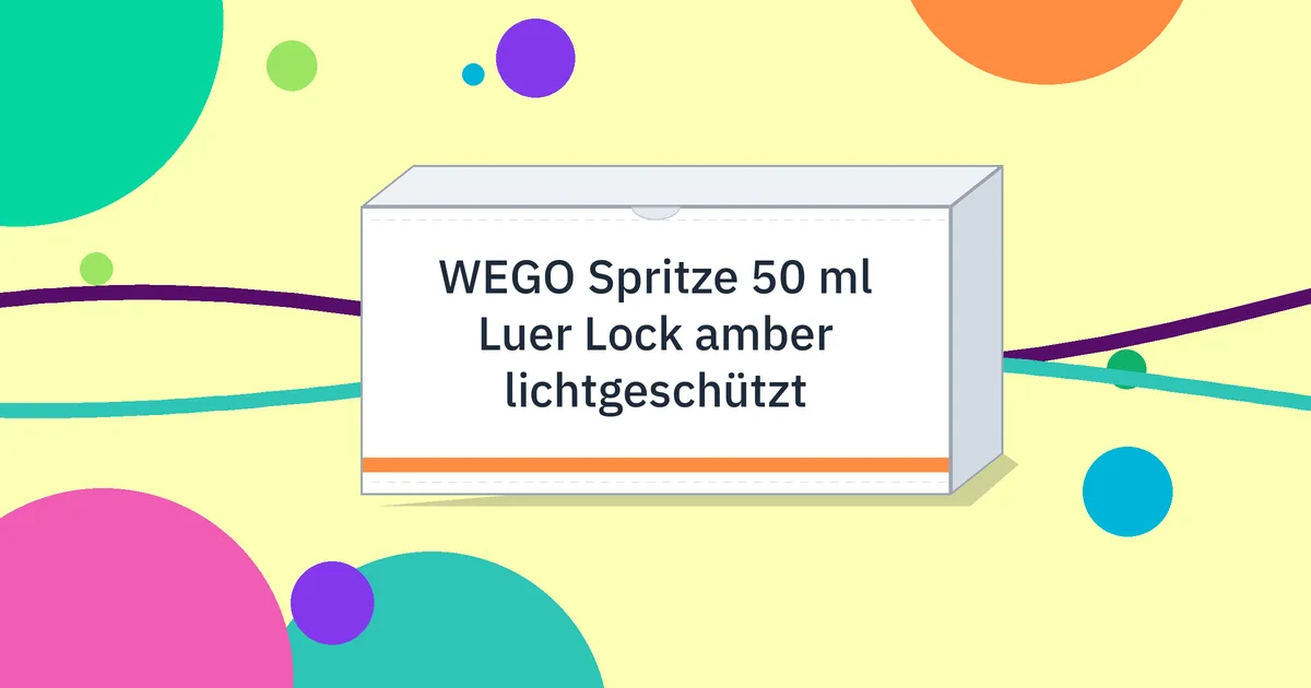 Symbolbild: Packung mit der Aufschrift WEGO Spritze 50 ml Luer Lock amber lichtgeschützt (PZN 18859289) – Verfügbarkeit und Bezug in Apotheken in Frankfurt am Main