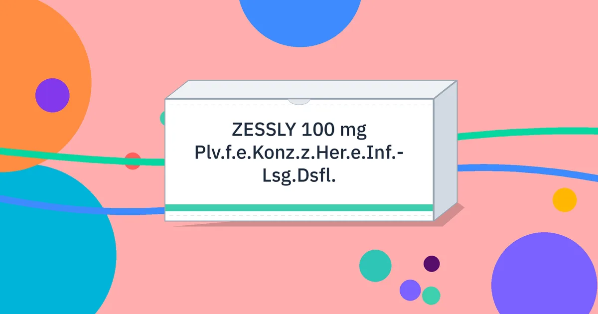 Symbolbild: Packung mit der Aufschrift ZESSLY 100 mg Plv.f.e.Konz.z.Her.e.Inf.-Lsg.Dsfl. (PZN 15395524) – Verfügbarkeit und Bezug in Apotheken in Frankfurt am Main