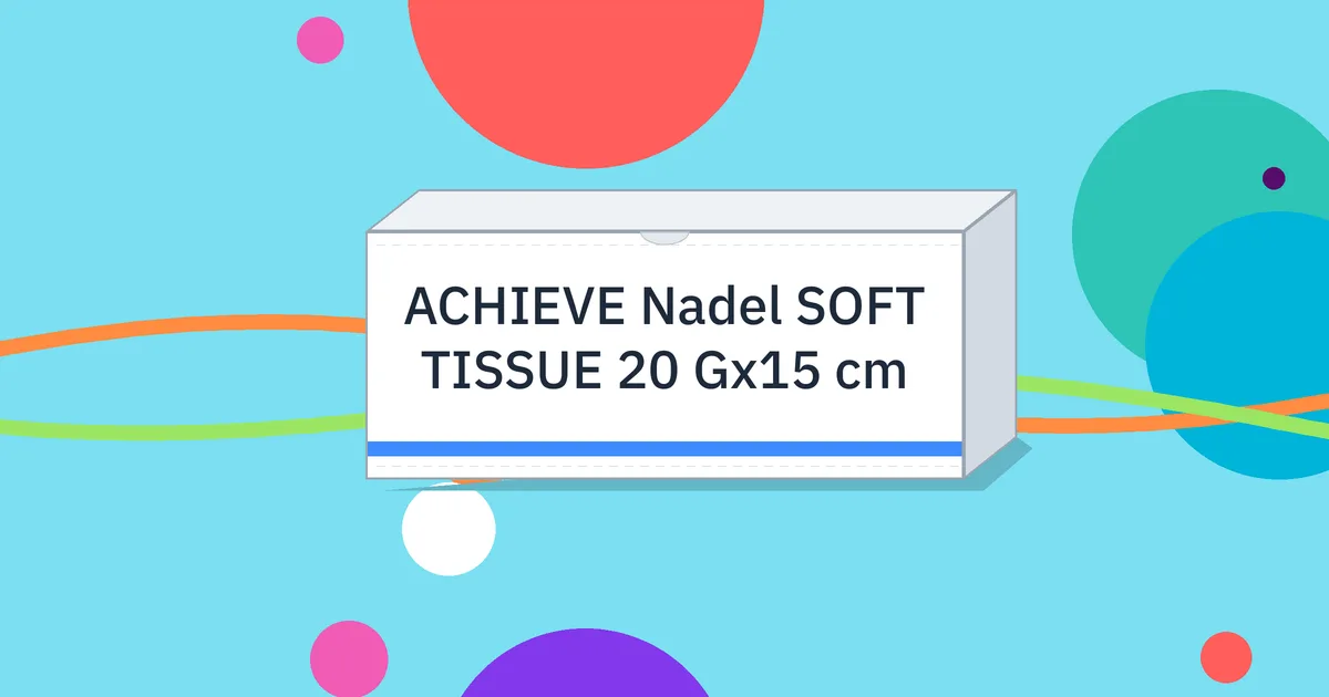 Symbolbild: Packung mit der Aufschrift ACHIEVE Nadel SOFT TISSUE 20 Gx15 cm (PZN 18763572) – Verfügbarkeit und Bezug in Apotheken in Frankfurt am Main