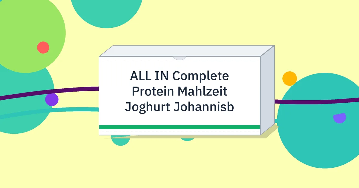 Symbolbild: Packung mit der Aufschrift ALL IN Complete Protein Mahlzeit Joghurt Johannisb (PZN 15225816) – Verfügbarkeit und Bezug in Apotheken in Frankfurt am Main