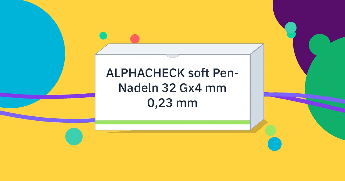 Symbolbild: Packung mit der Aufschrift ALPHACHECK soft Pen-Nadeln 32 Gx4 mm 0,23 mm (PZN 16392350) – Verfügbarkeit und Bezug in Apotheken in Frankfurt am Main