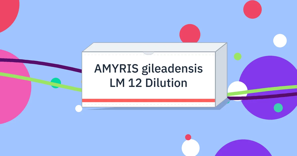 Symbolbild: Packung mit der Aufschrift AMYRIS gileadensis LM 12 Dilution (PZN 13326967) – Verfügbarkeit und Bezug in Apotheken in Frankfurt am Main