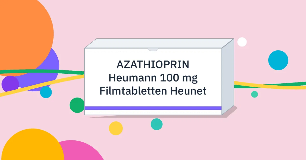 Symbolbild: Packung mit der Aufschrift AZATHIOPRIN Heumann 100 mg Filmtabletten Heunet (PZN 15304177) – Verfügbarkeit und Bezug in Apotheken in Frankfurt am Main
