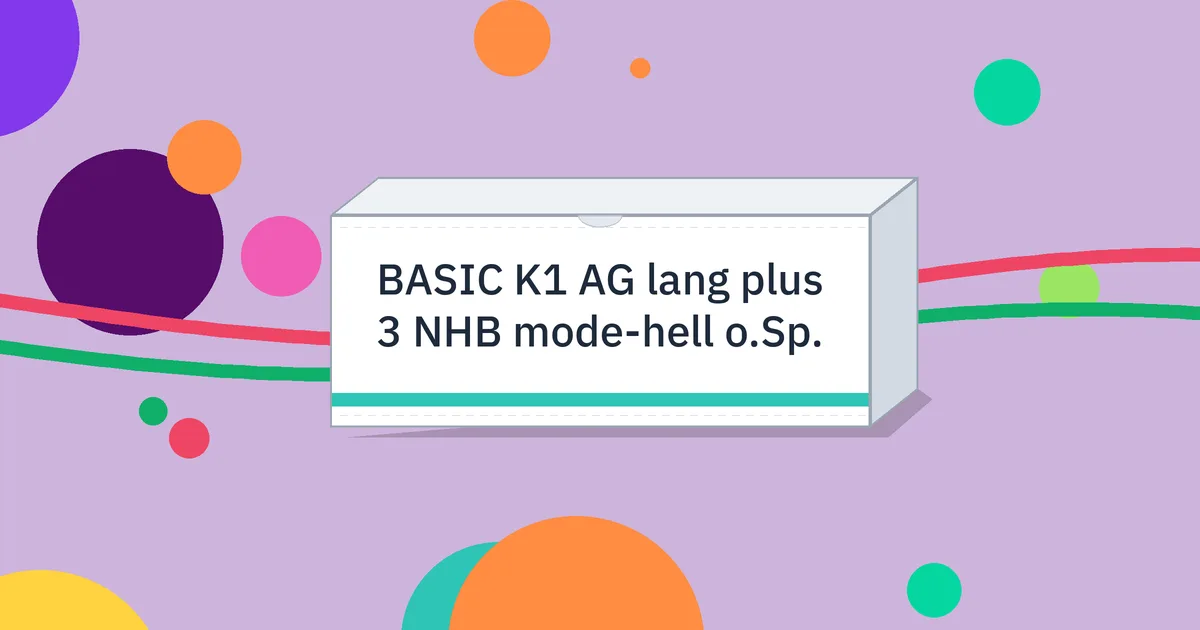 Symbolbild: Packung mit der Aufschrift BASIC K1 AG lang plus 3 NHB mode-hell o.Sp. (PZN 20260542) – Verfügbarkeit und Bezug in Apotheken in Frankfurt am Main